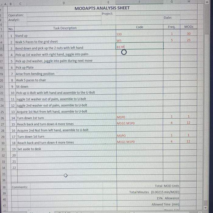 D E F с G H A B MODAPTS ANALYSIS SHEET Project: 7 3 2 | Chegg.com