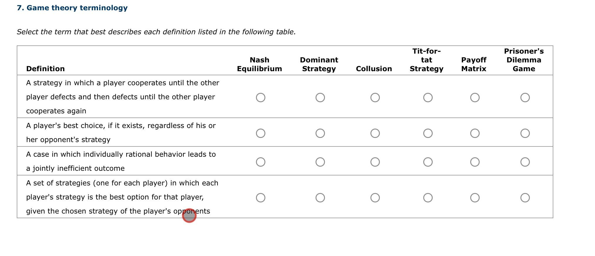 Solved Game theory terminologySelect the term that best | Chegg.com