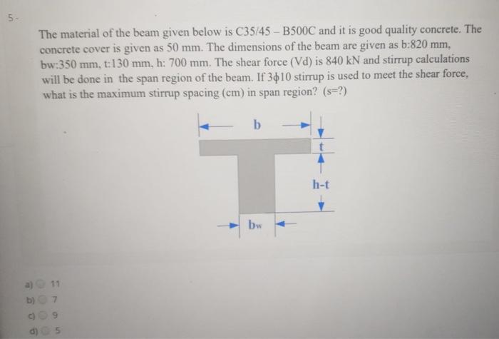 Solved 5 The material of the beam given below is C35/45 - | Chegg.com