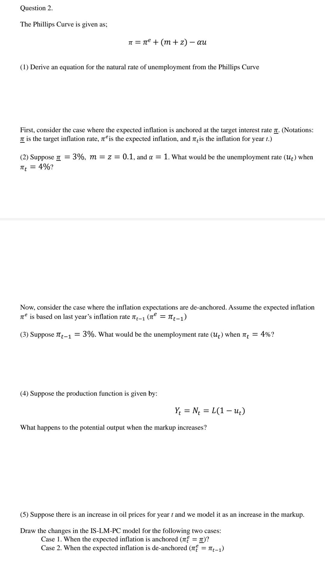 Question 2. The Phillips Curve is given as; TD = TT+ | Chegg.com