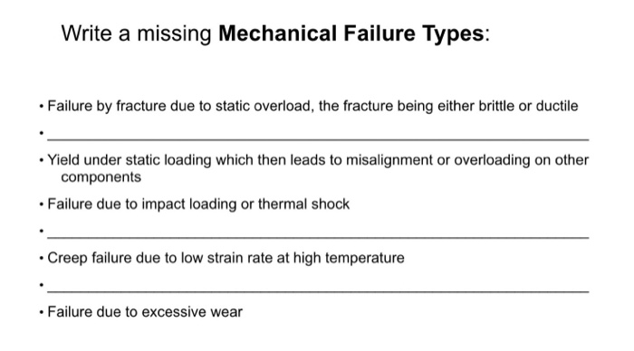 Solved Write a missing Mechanical Failure Types: • Failure | Chegg.com
