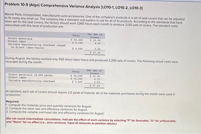 Solved Problem 10-9 (Algo) Comprehensive Variance Analysis | Chegg.com