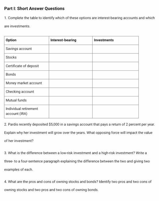 Solved Part 1: Short Answer Questions 1. Complete the table | Chegg.com