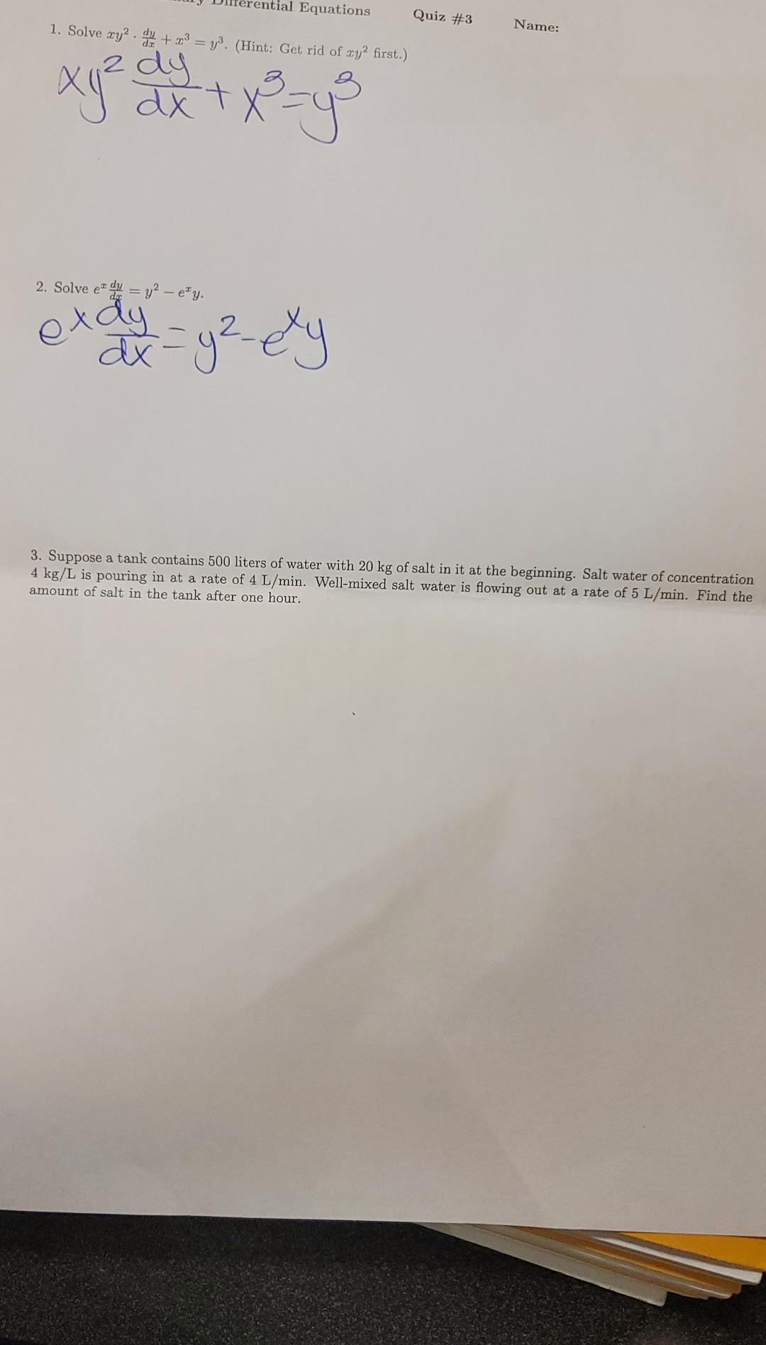 Solved 1. Solve xy2⋅dxdy+x3=y3. (Hint: Get rid of xy2 | Chegg.com