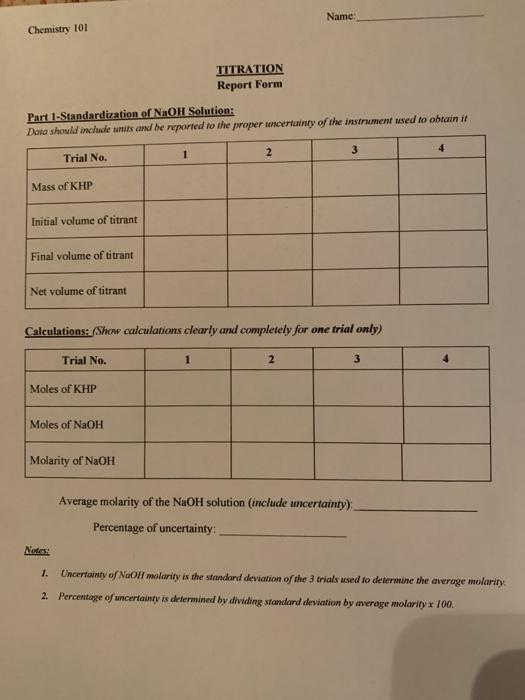 Chemistry 101 TITRATION Report Form Part | Chegg.com