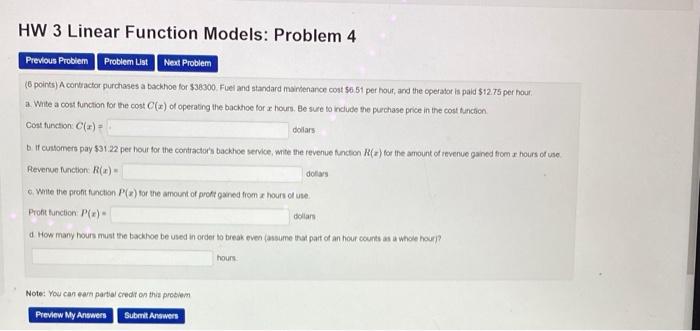 Solved HW 3 Linear Function Models: Problem 4 Previous | Chegg.com