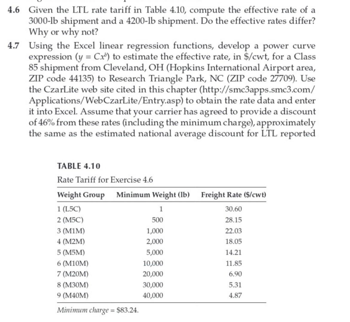 Solved 4.6 Given the LTL rate tariff in Table 4.10 , compute | Chegg.com