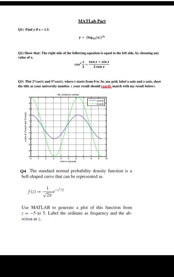 Solved MATLab Part 01) Find y if x = 1.5. y = (log10(x)) (2) | Chegg.com