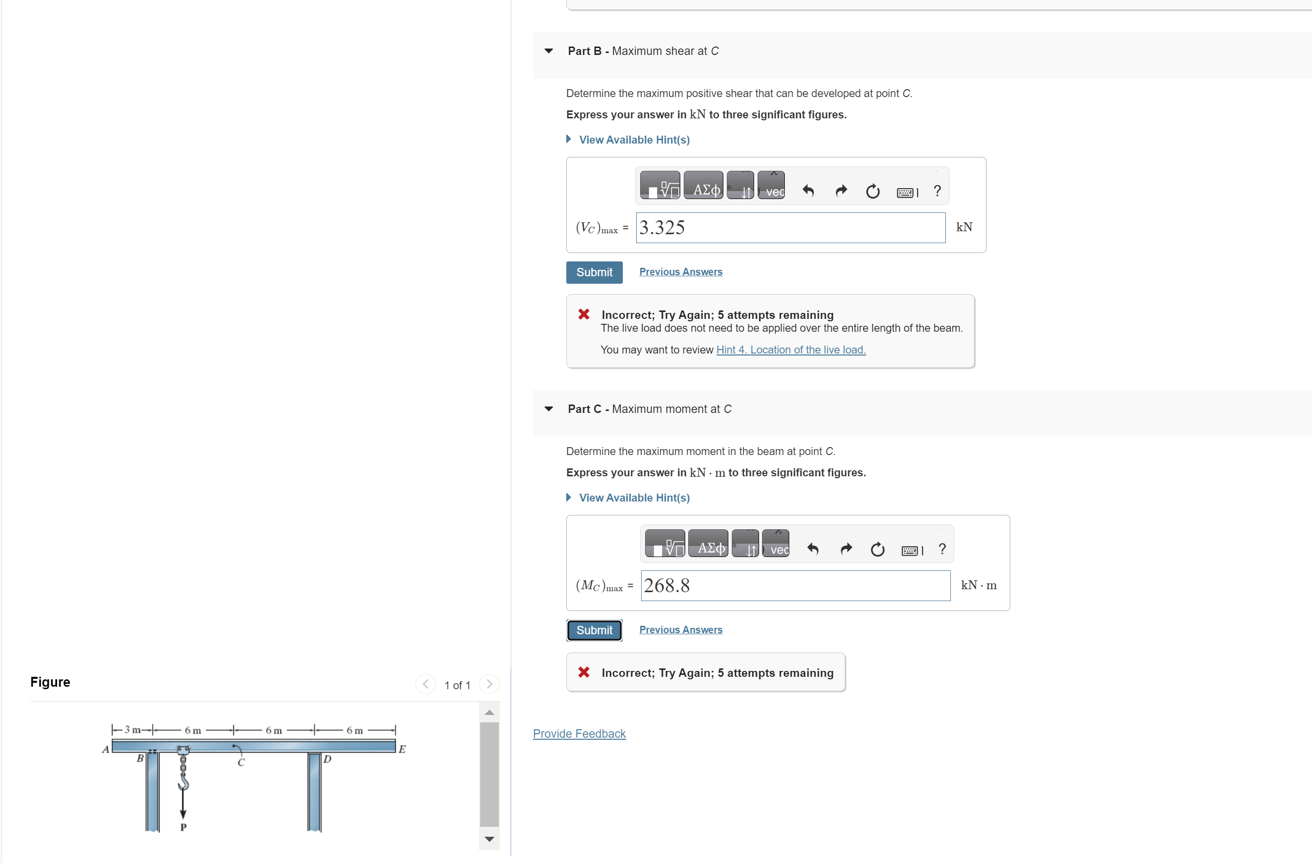 Part B - ﻿Maximum shear at CDetermine the maximum | Chegg.com