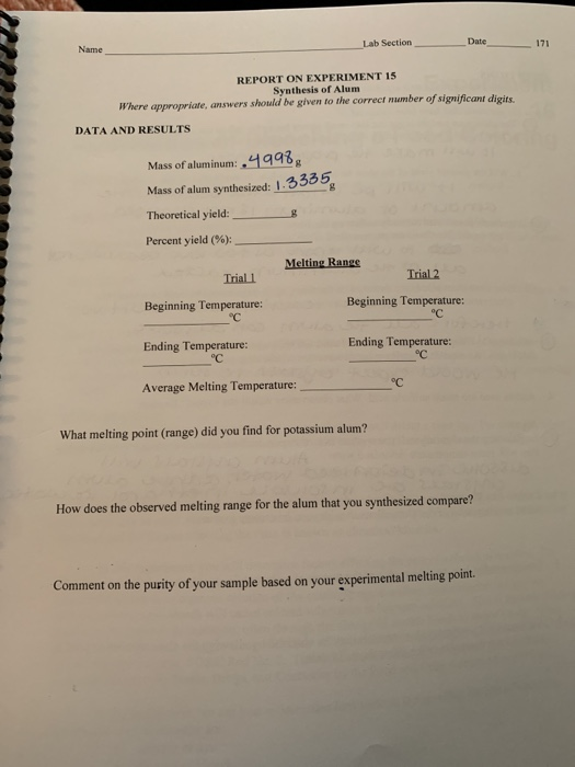 Solved Lab Section Date Name 171 REPORT ON EXPERIMENT 15 | Chegg.com
