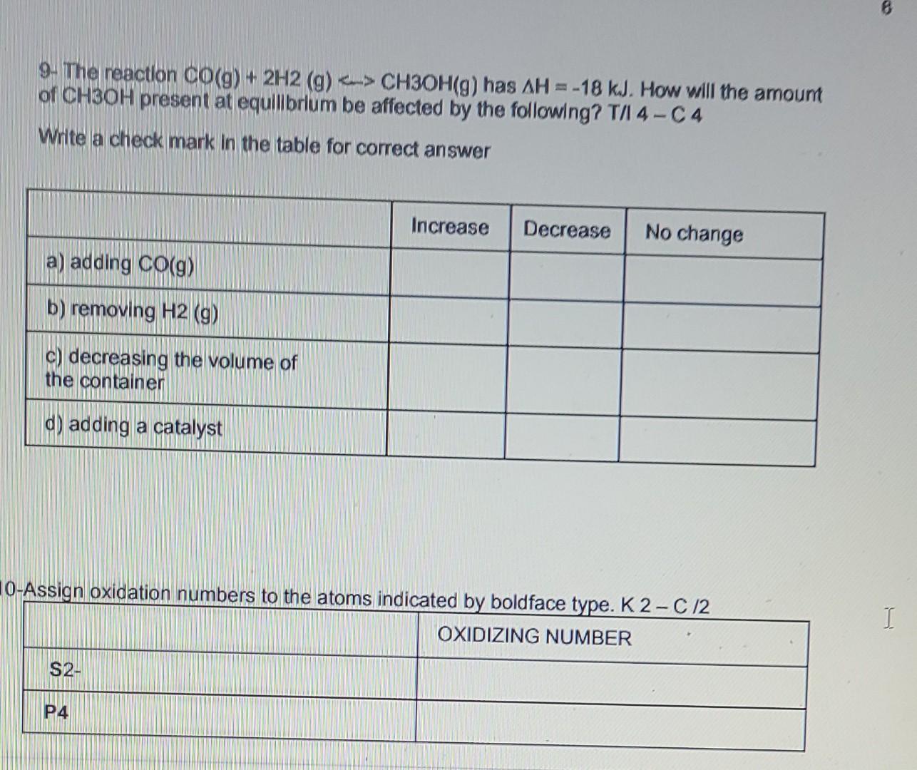 Solved 9- The reaction CO(g) + 2H2 (g) CH3OH(g) has AH = | Chegg.com