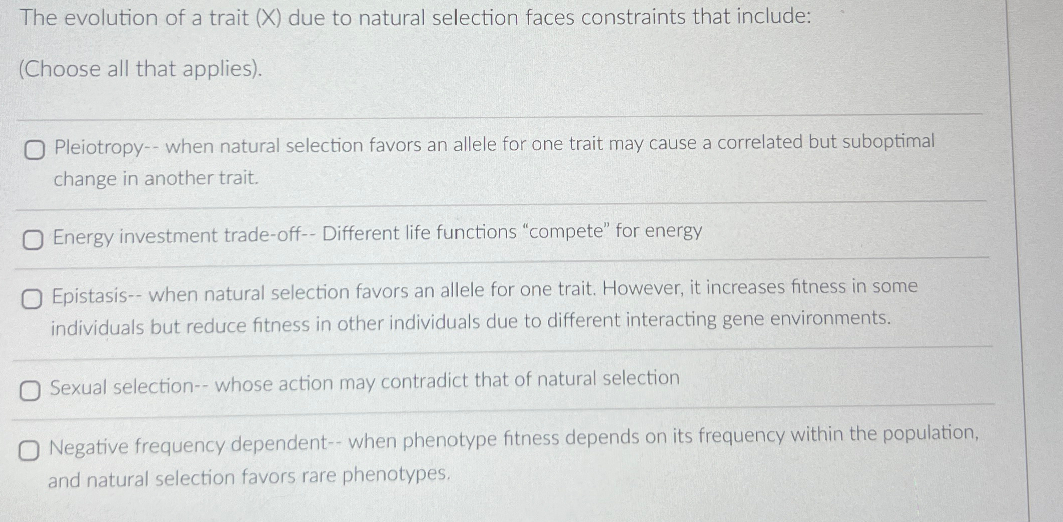 Solved The evolution of a trait (x) ﻿due to natural | Chegg.com