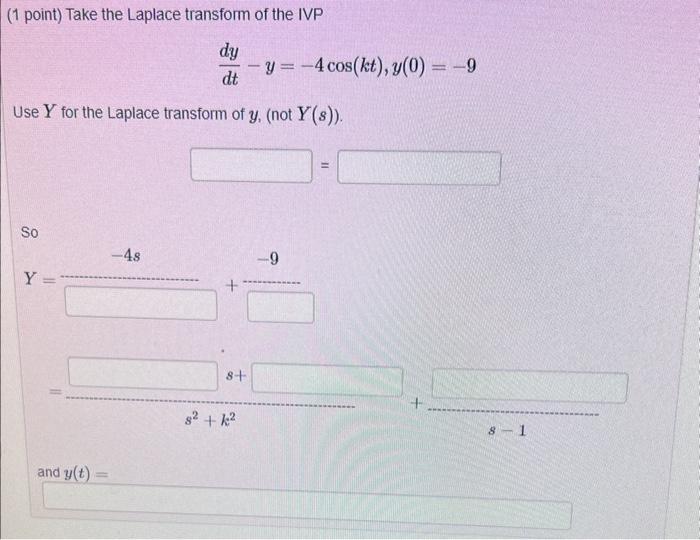 Solved (1 point) Take the Laplace transform of the IVP | Chegg.com