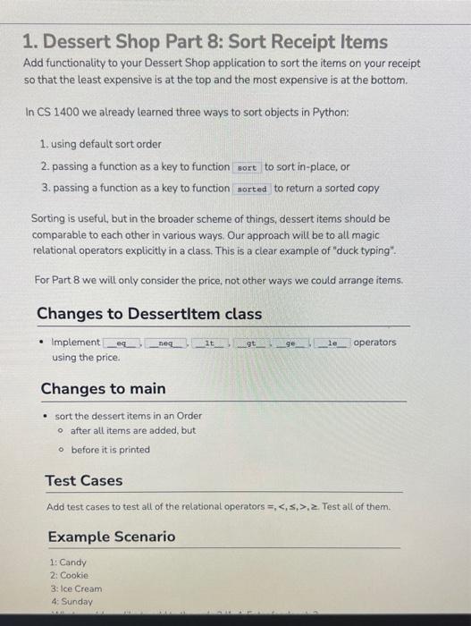 Solved 1. Dessert Shop Part 8: Sort Receipt ltems Add | Chegg.com