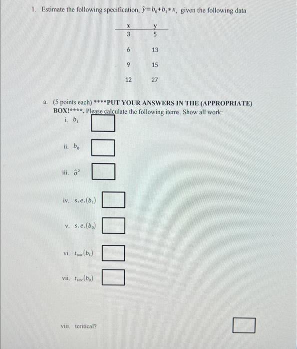 Solved 1. Estimate the following specification, y^=b0+b1∗x, | Chegg.com