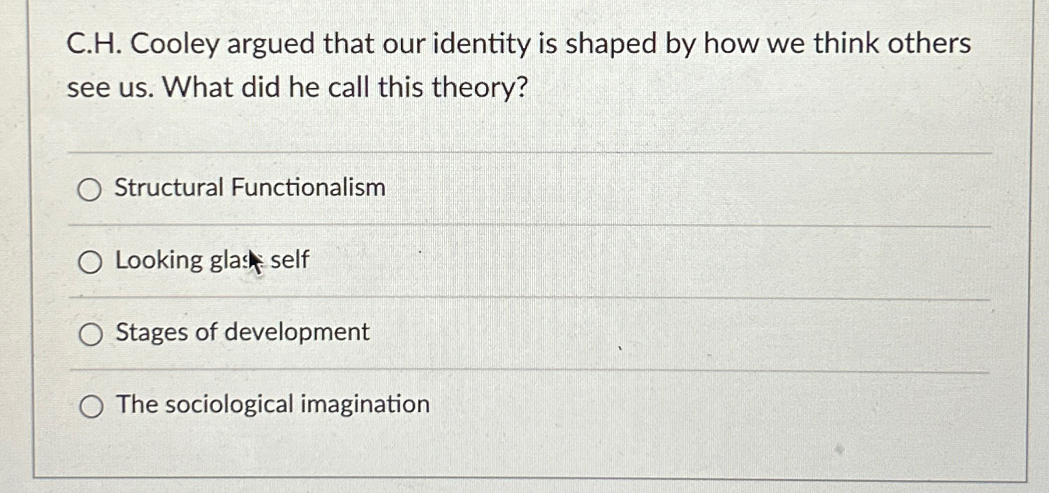Solved C.H. ﻿Cooley argued that our identity is shaped by | Chegg.com