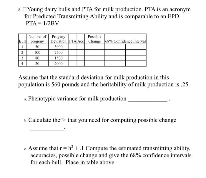 Solved 8. Young dairy bulls and PTA for milk production. | Chegg.com