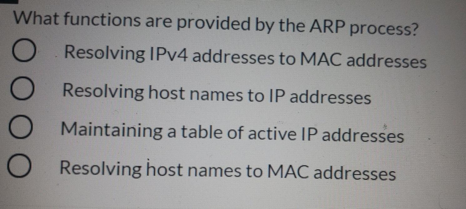 Solved What functions are provided by the ARP process? O | Chegg.com