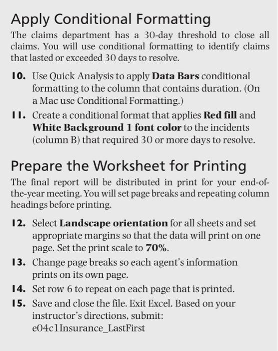 Apply Conditional Formatting The claims department | Chegg.com