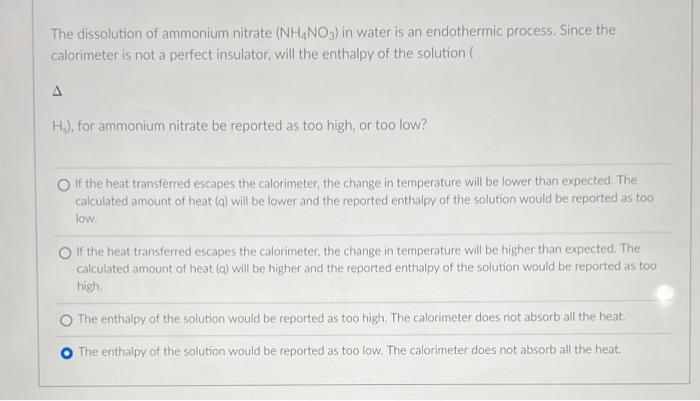 Solved The dissolution of ammonium nitrate (NH4NO3) in water | Chegg.com