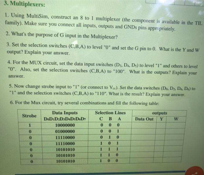 3. Multiplexers: 1. Using MultiSim, construct an 8 to | Chegg.com