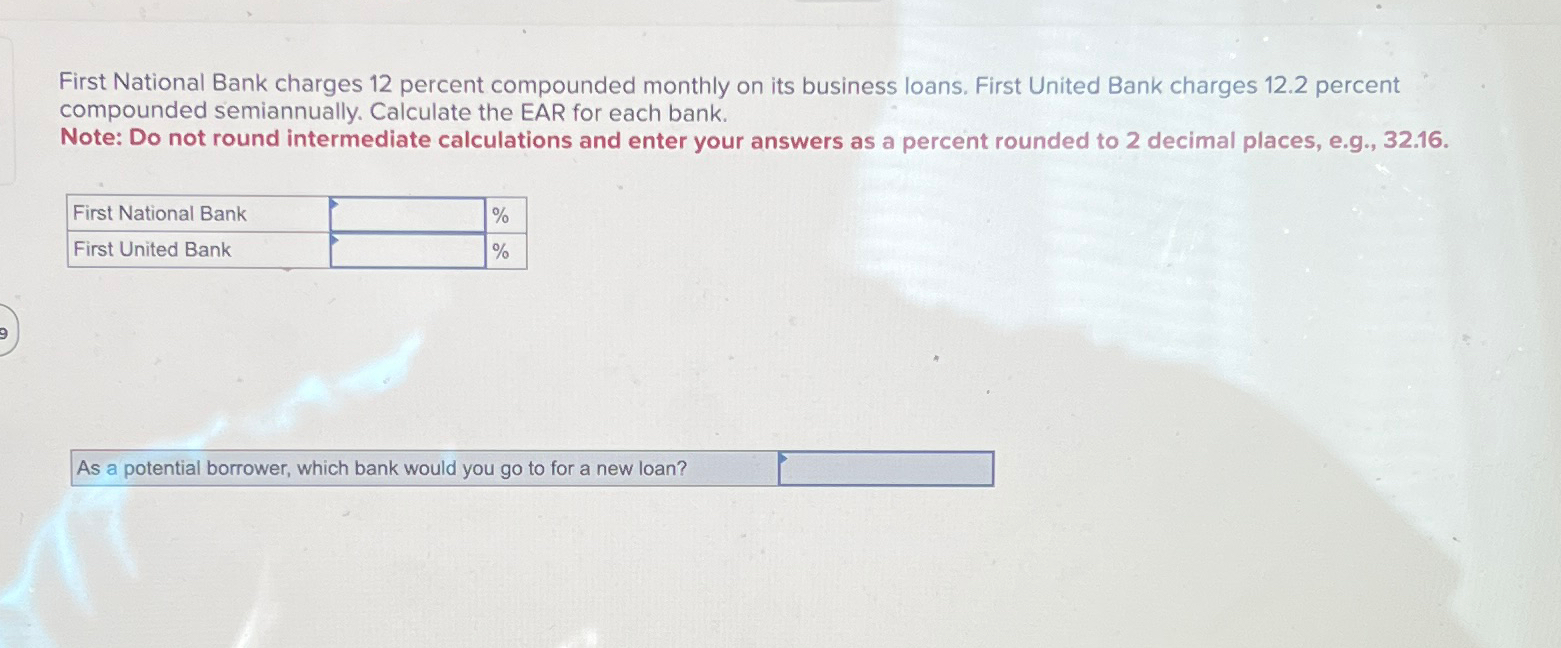 First National Bank charges 12 ﻿percent compounded | Chegg.com