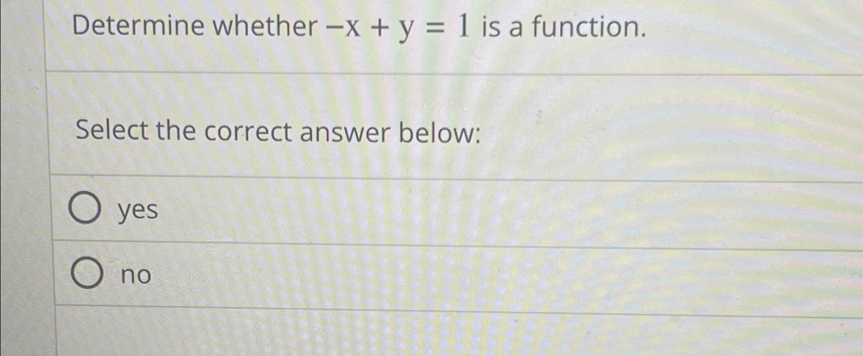Solved Determine whether -x+y=1 ﻿is a function.Select the | Chegg.com