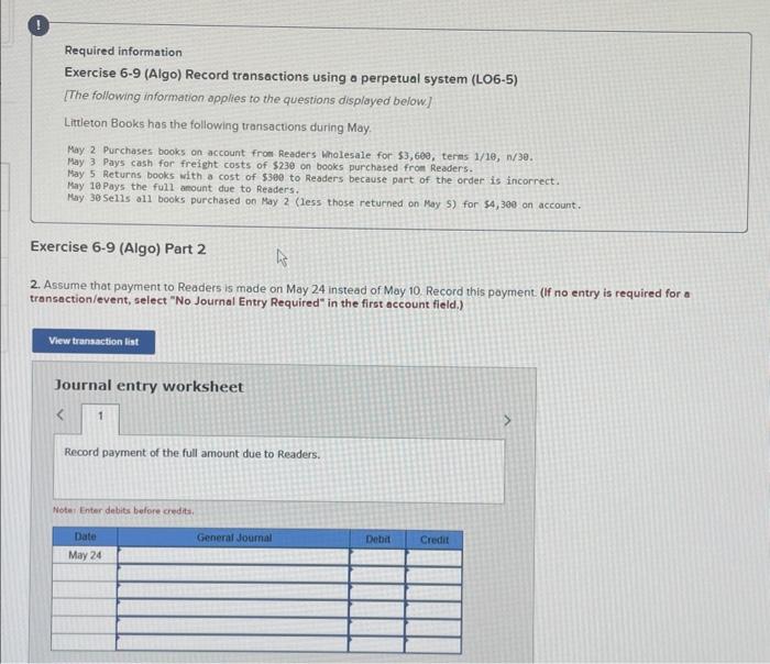 Solved Required information Exercise 6-9 (Algo) Record | Chegg.com Solved Required information Exercise 6-9 (Algo) Record | Chegg.com