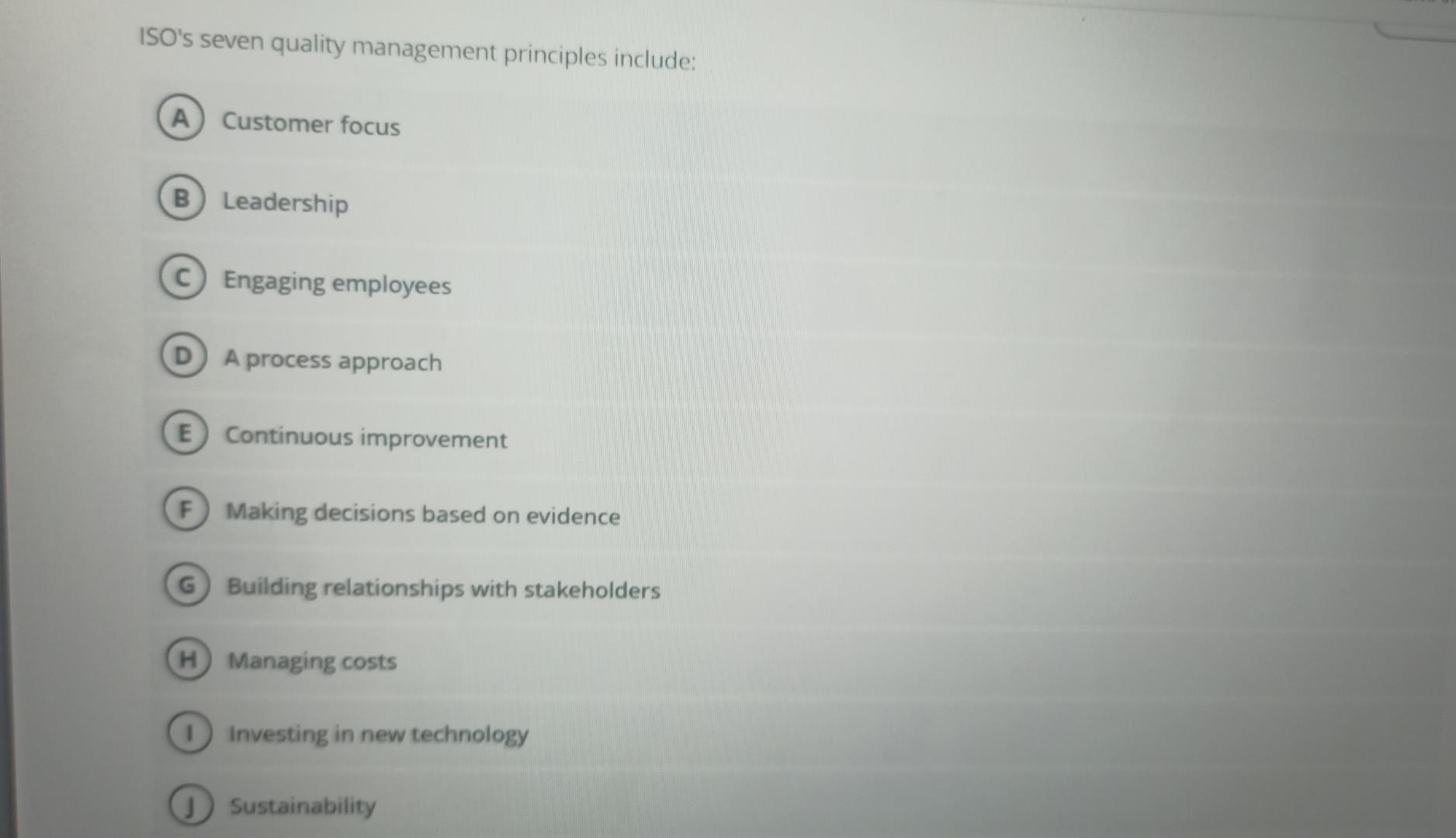 Solved ISO's seven quality management principles include: A | Chegg.com