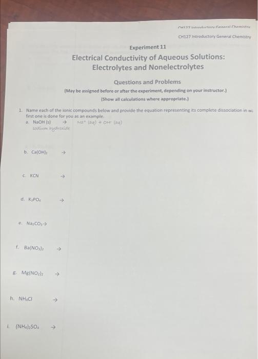 Solved Electrical Conductivity of Aqueous Solutions: | Chegg.com