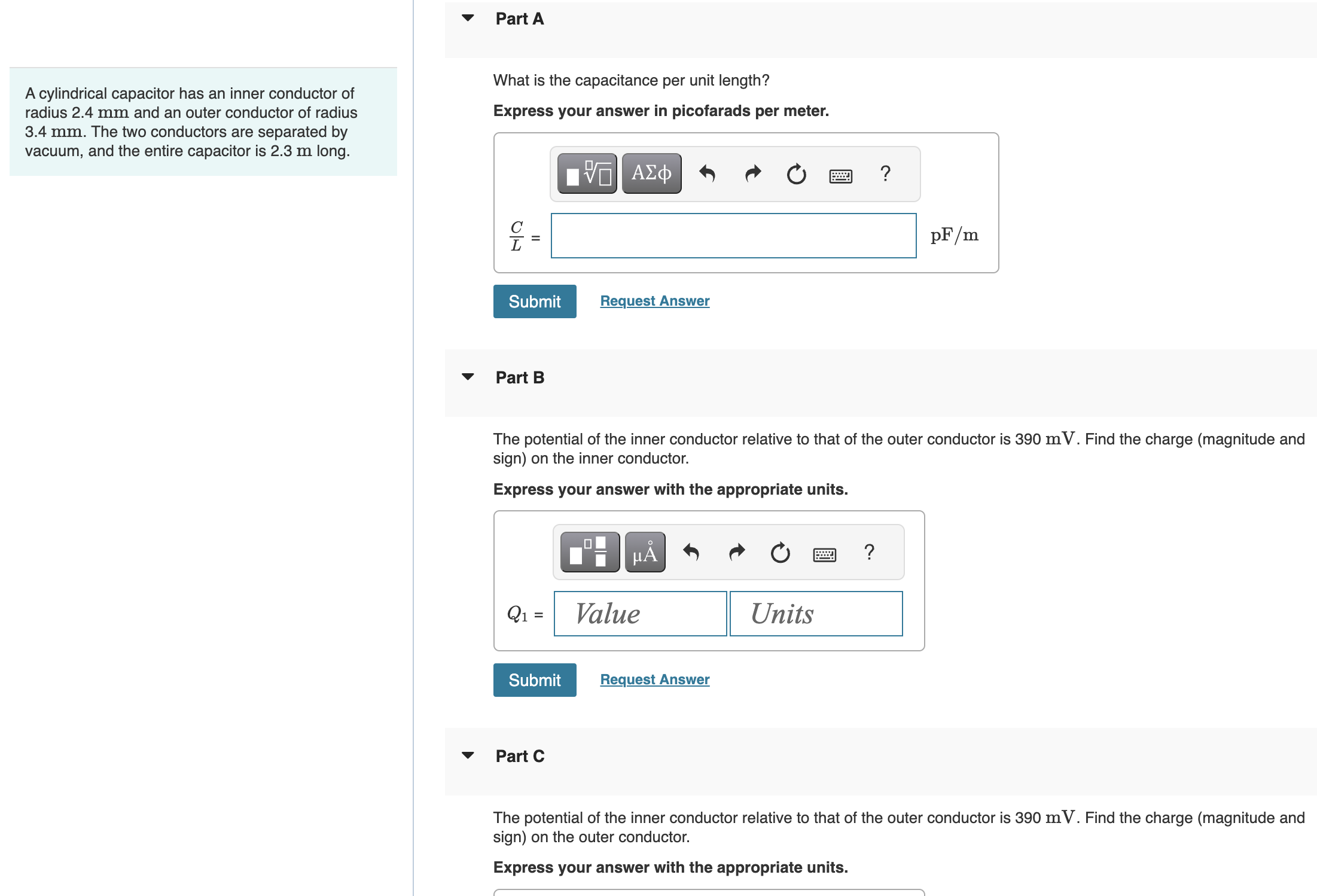 Solved Part AA cylindrical capacitor has an inner conductor | Chegg.com
