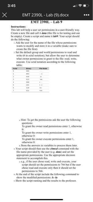 Solved 3:45 X EMT 2390L - Lab (9).docx EMT 2390L - Lab 9 | Chegg.com