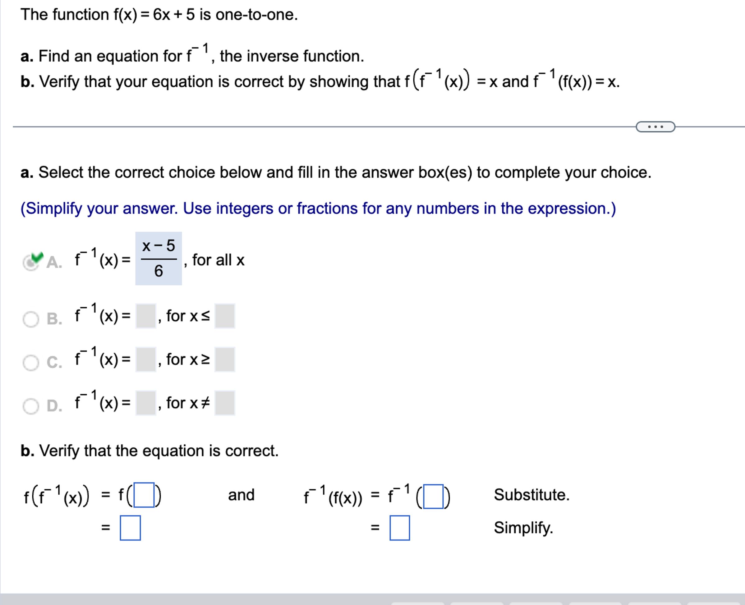 Solved The function f(x)=6x+5 ﻿is one-to-one.a. ﻿Find an | Chegg.com