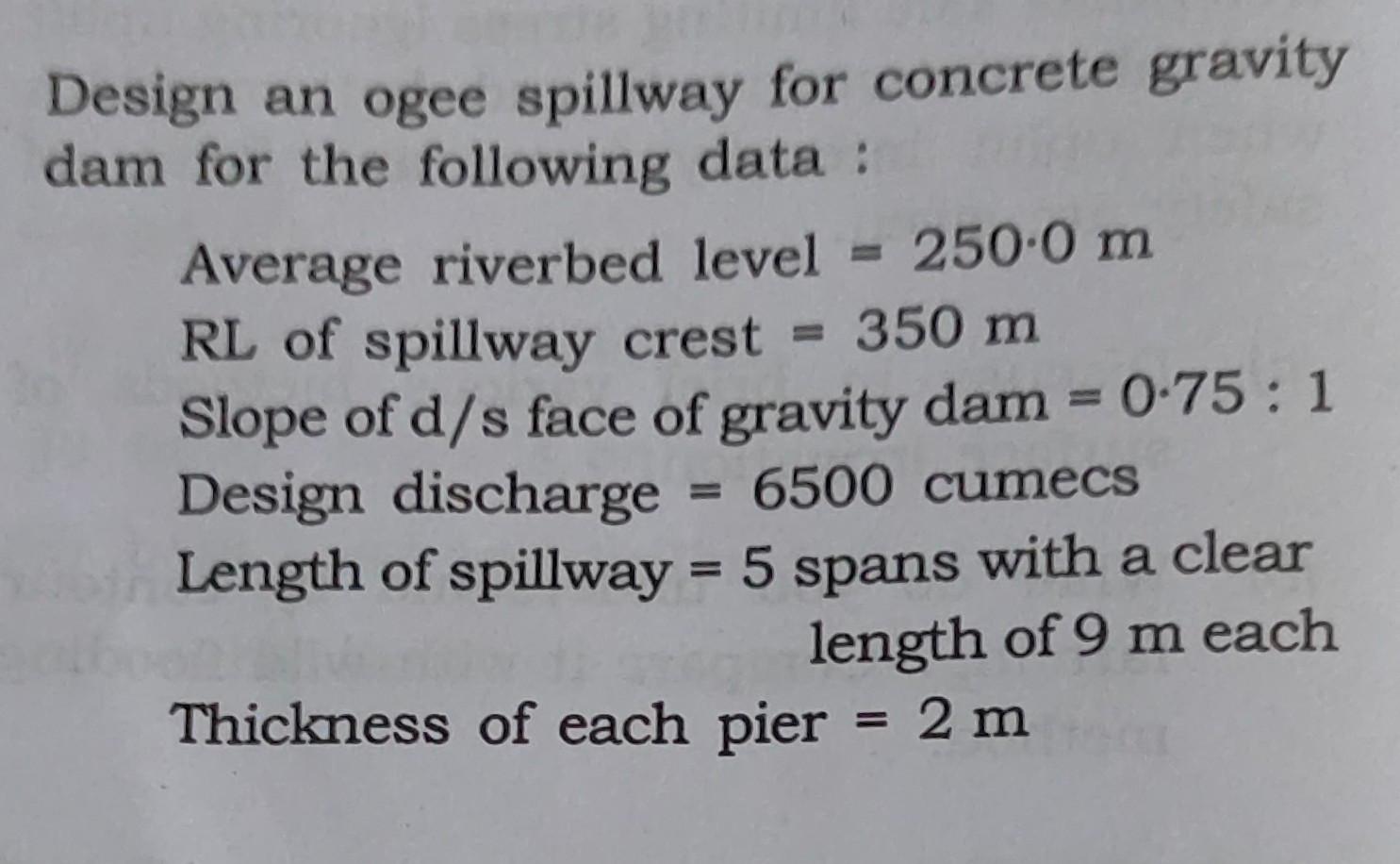 Solved Design an ogee spillway for concrete gravity dam for | Chegg.com