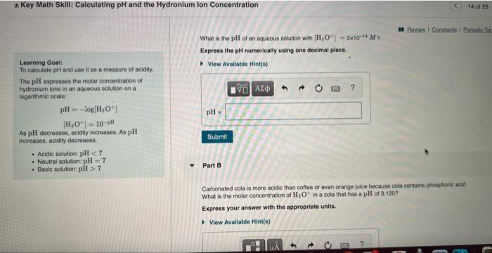 Solved ± Key Math Skill: Calculating pH and the Hydronium | Chegg.com
