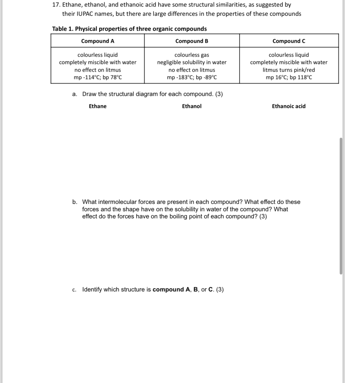 Solved Ethane, ethanol, and ethanoic acid have some | Chegg.com