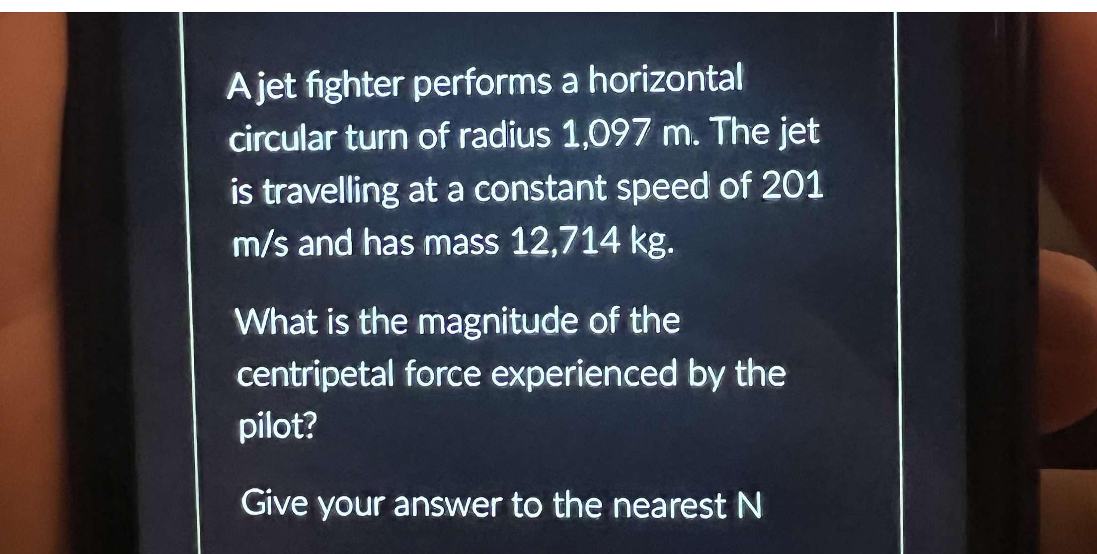 Solved A jet fighter performs a horizontal circular turn of | Chegg.com