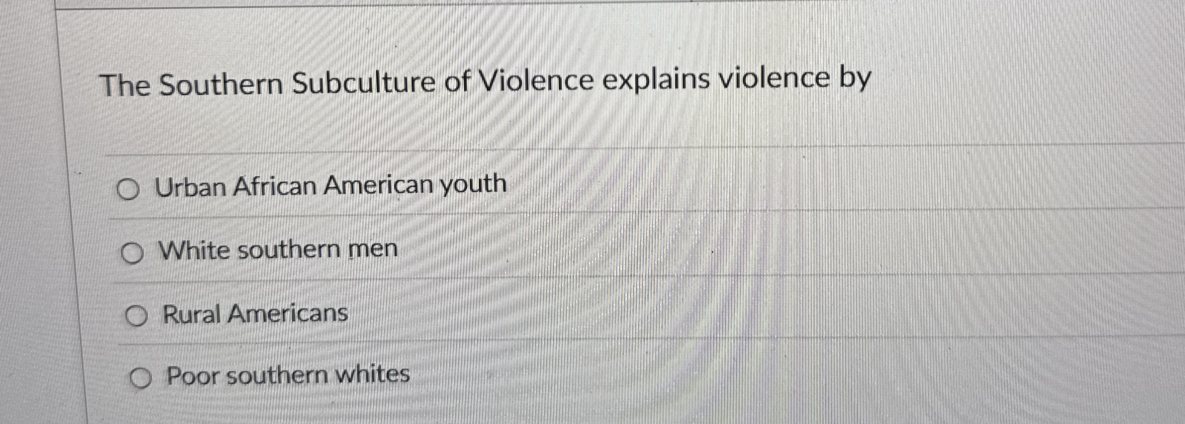 Solved The Southern Subculture of Violence explains violence | Chegg.com