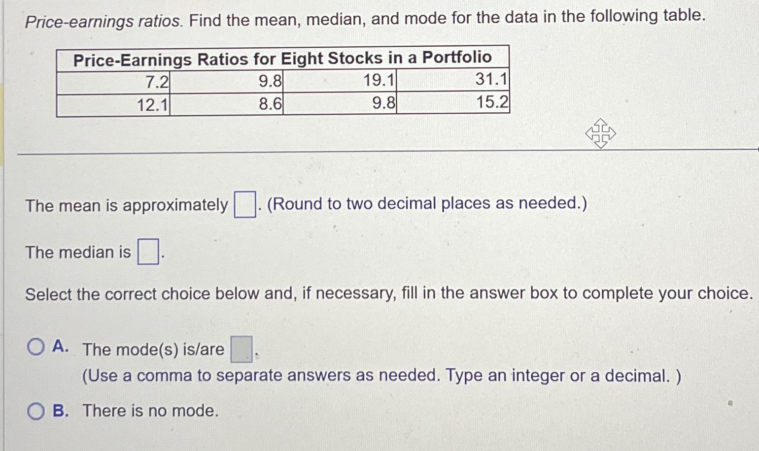 Solved Price-earnings ratios. Find the mean, median, and | Chegg.com