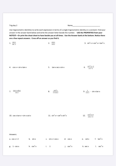 Solved Trig day 2 Use trigonometric identities to write each | Chegg.com
