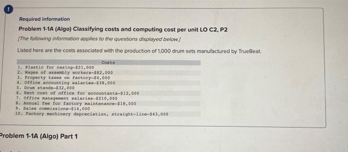 Solved Required informationProblem 1-1A (Algo) Classifying | Chegg.com