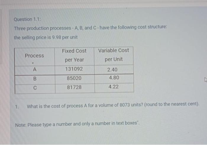 Solved Question 1.1: Three production processes - A, B, and | Chegg.com