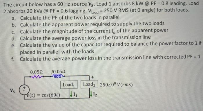 Solved The circuit below has a 60 Hz source Vs. Load 1 | Chegg.com