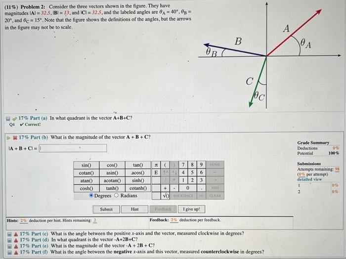 Solved (11\%) Problem 2: Consider the three vectors shown in | Chegg.com