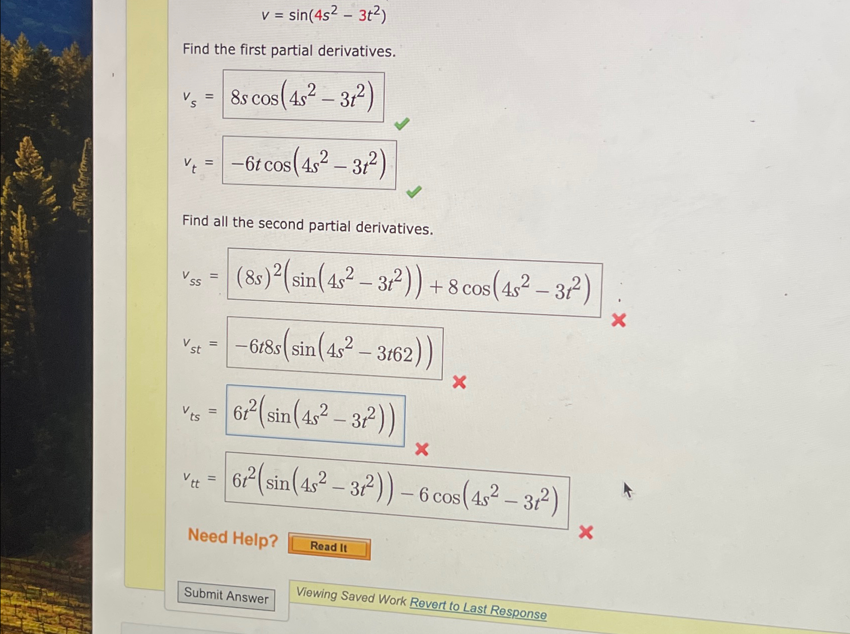 Solved v=sin(4s2-3t2)Find the first partial | Chegg.com