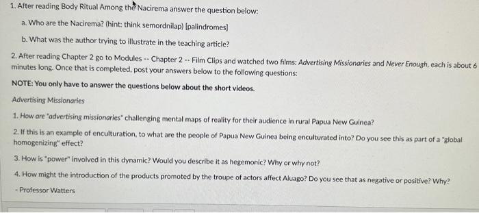 1. After reading Body Ritual Among the Nacirema | Chegg.com