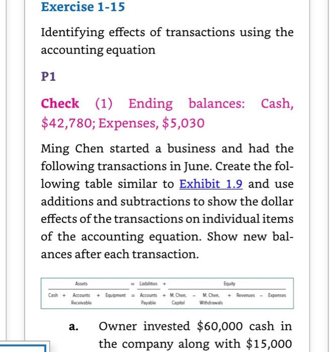 Solved Exercise 1-15 Identifying effects of transactions | Chegg.com
