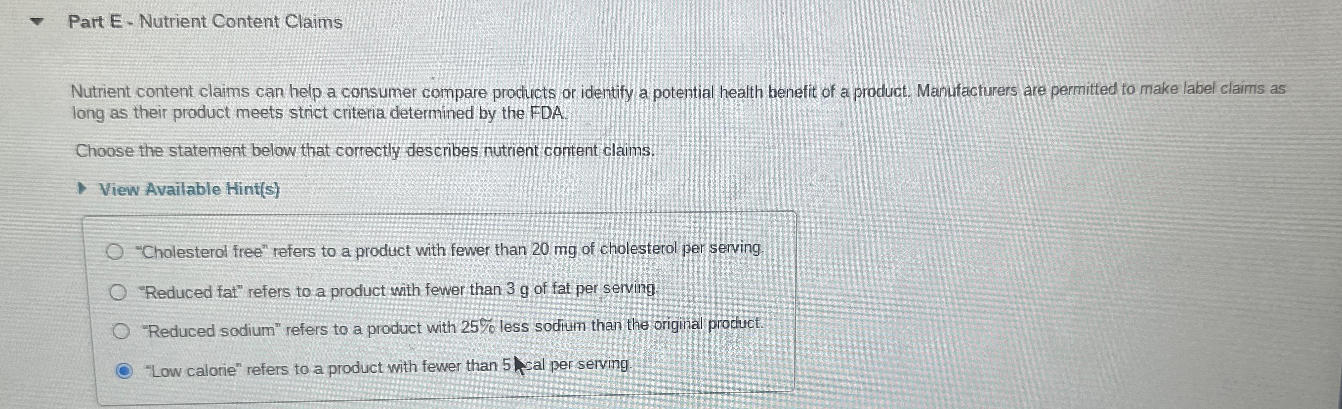 Solved Part E - ﻿Nutrient Content ClaimsNutrient content | Chegg.com