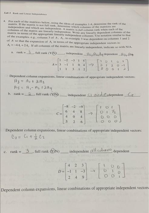 Solved Las Rank and Liner Indende 4. For each of the | Chegg.com