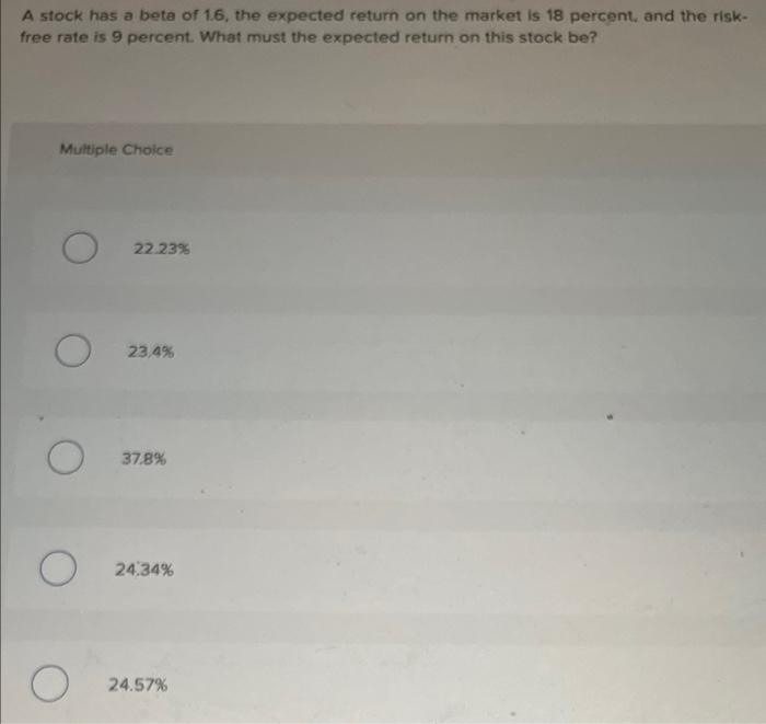 Solved A stock has a beta of 1.6, the expected retum on the | Chegg.com